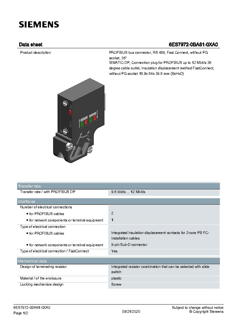 6ES7972-0BA61-0XA0 SIMATIC DP, Connection plug for PROFIBUS - aimgroup