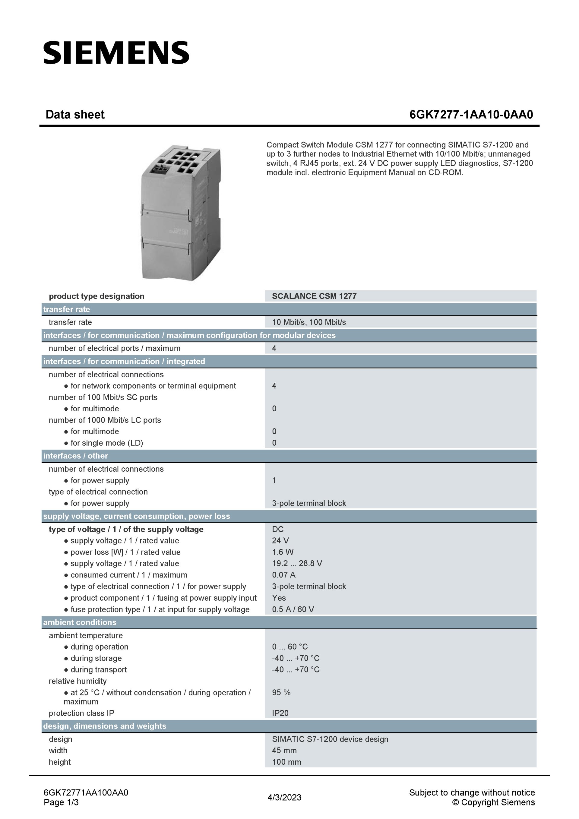 6GK7277-1AA10-0AA0 Compact Switch Module CSM 1277 - aimgroup