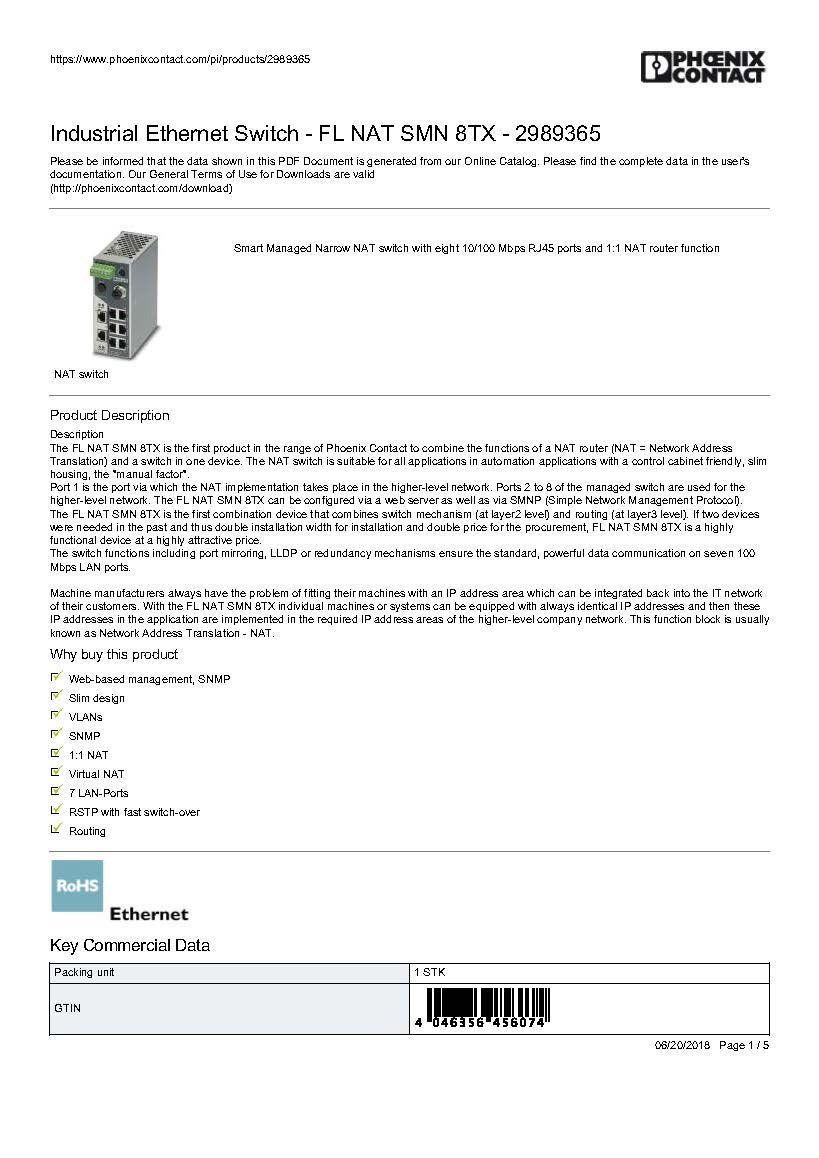 PHOENIX 2989365 FL NAT SMN 8TX - Industrial Ethernet Switch - aimgroup