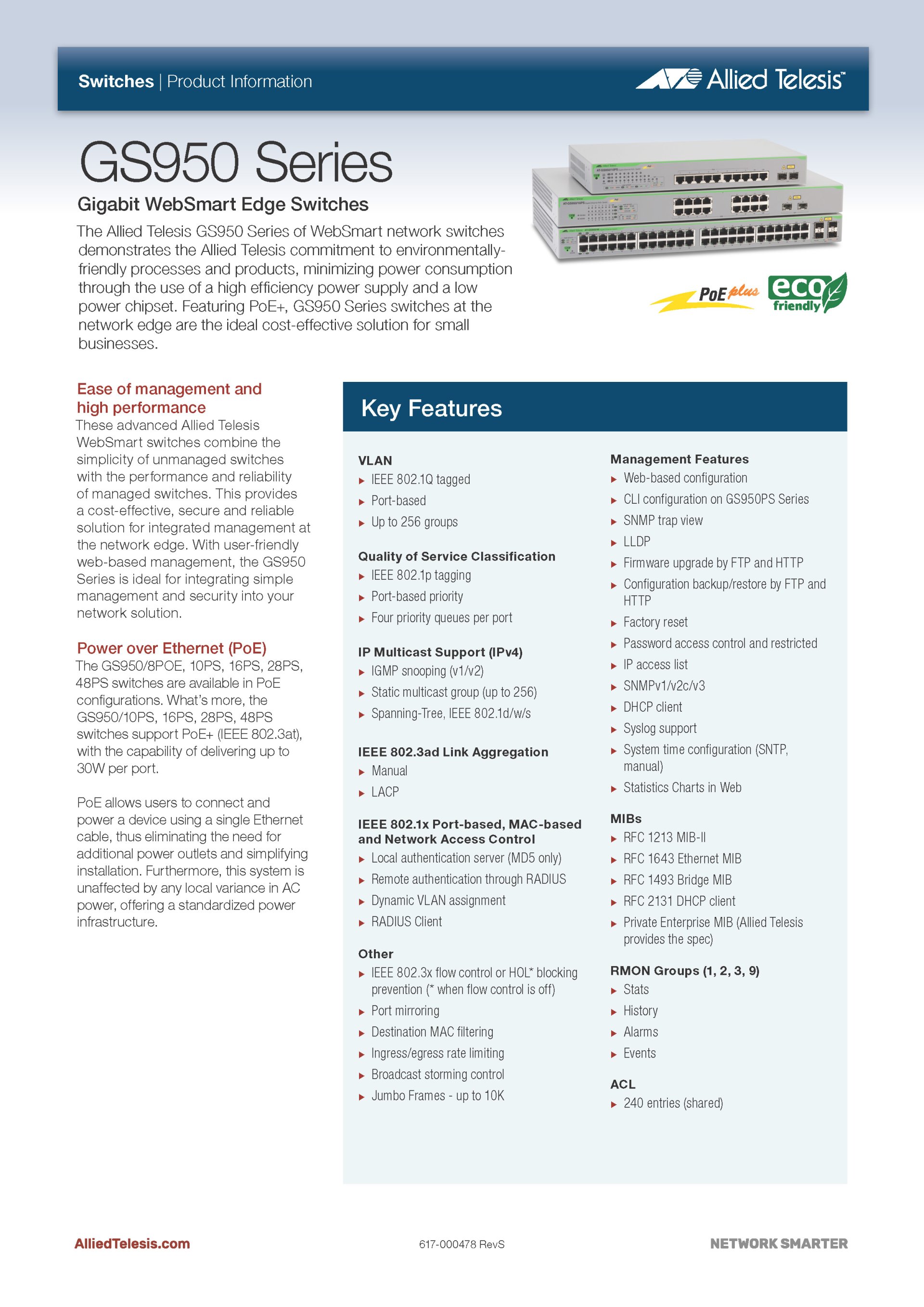 AT-GS95018PS V2-10 Gigabit webSmart switch, - aimgroup