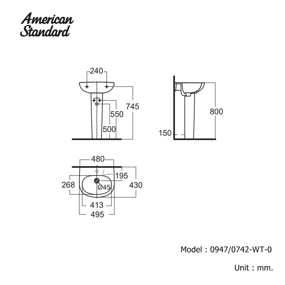 TF-0947/0742-WT-0 อ่างล้างหน้า แบบขาตั้ง รุ่น NEW CODIE-R - bangkokceramic
