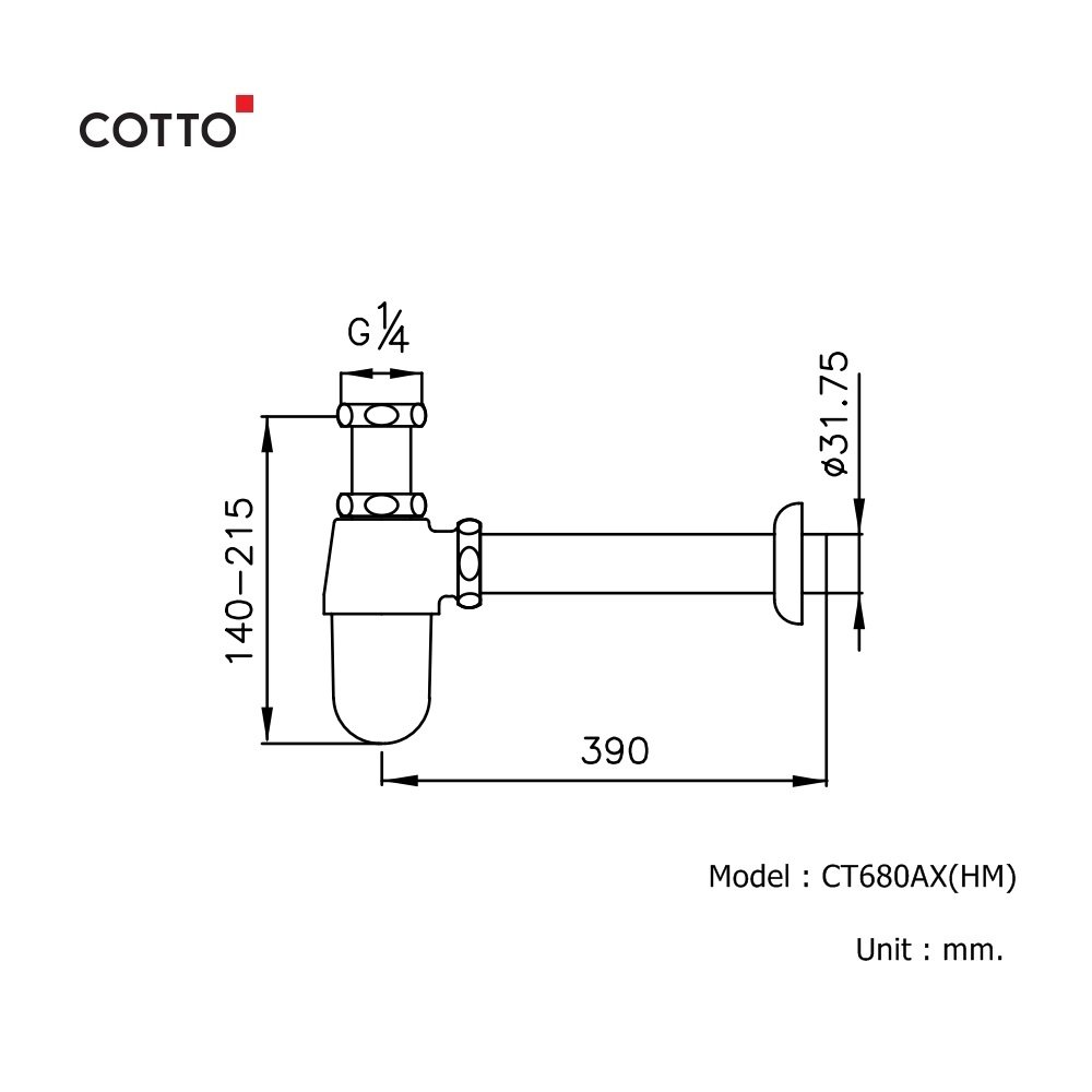 CT680AX(HM) ท่อน้ำทิ้งอ่างล้างหน้า แบบกระปุก ยาว 39 ซม. - bangkokceramic