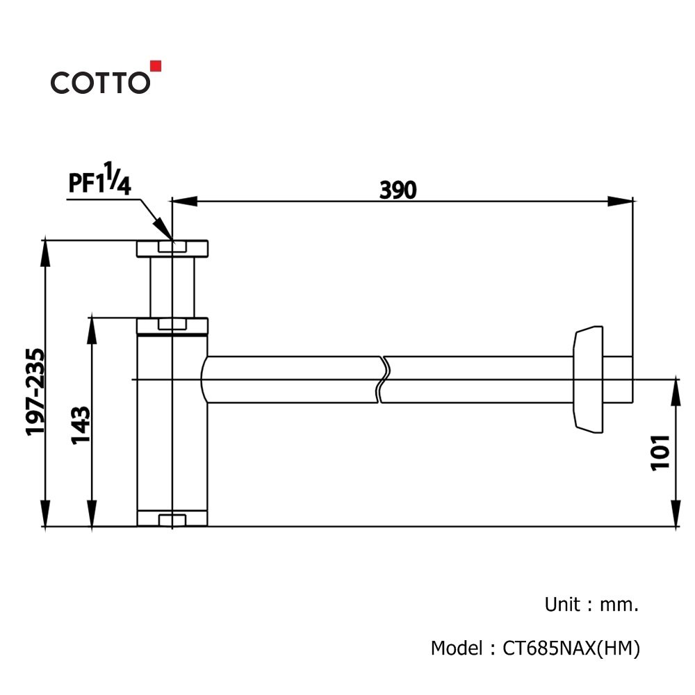 CT685NAX(HM) ท่อน้ำทิ้งอ่างล้างหน้าทรงกระบอก ยาว 39 ซม. - bangkokceramic