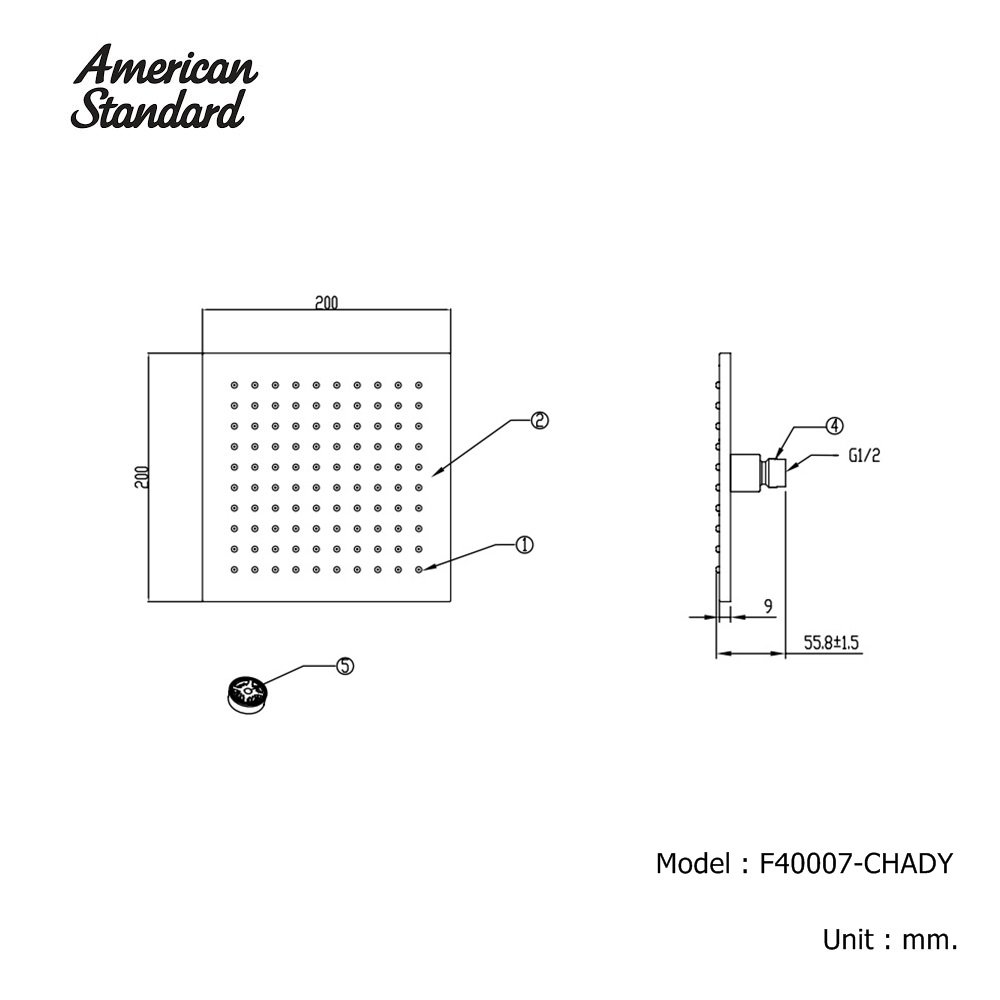 F40007-CHADY หัวฝักบัวเรนชาวเวอร์ทองเหลือง แบบเหลี่ยม ขนาด 200x200 mm ...