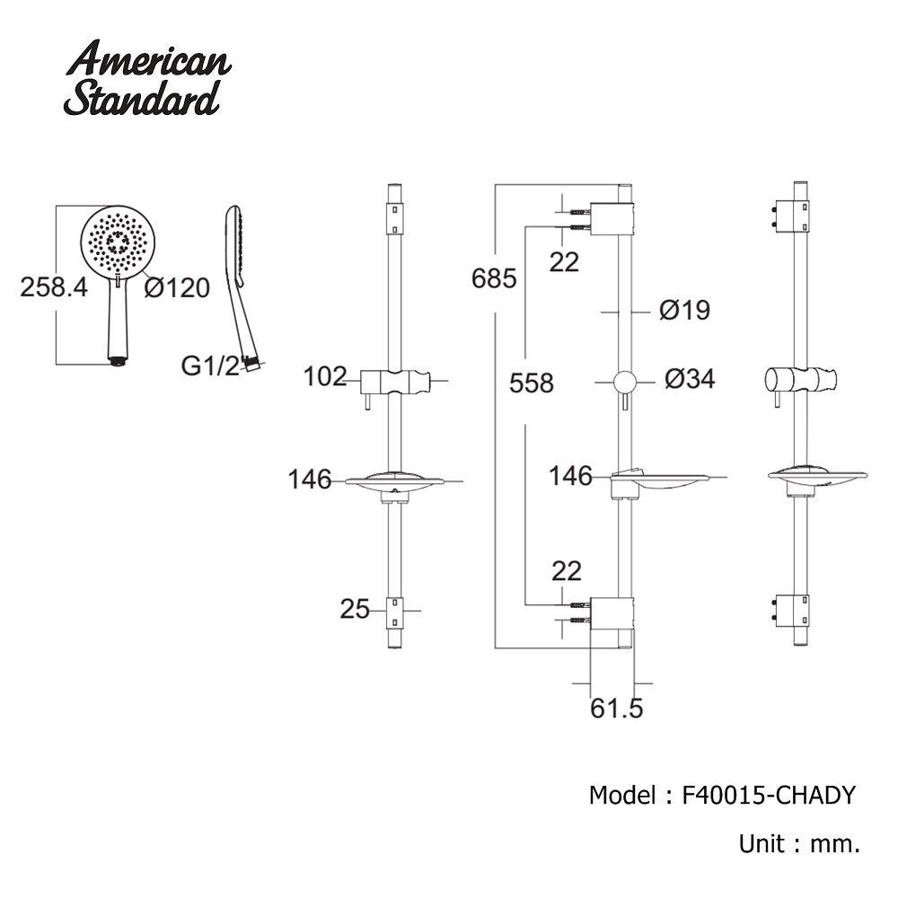 F40015-CHADY ราวปรับระดับ Moon Shadow 200 พร้อมที่วางสบู่และชุดฝักบัว ...