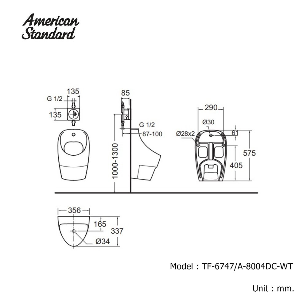 TF-6747/A-8004DC-WT โถปัสสาวะชายแขวนผนัง รุ่น Neo Modern พร้อมฟลัชวาล์ว ...