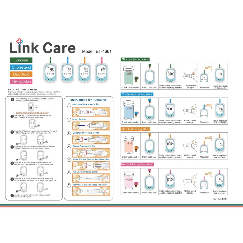 เครื่องตรวจ Link Care 4 in 1 น้ำตาล คอเลสเตอรอล กรดยูริค เฮโมโกลบิน - pongpitmedical