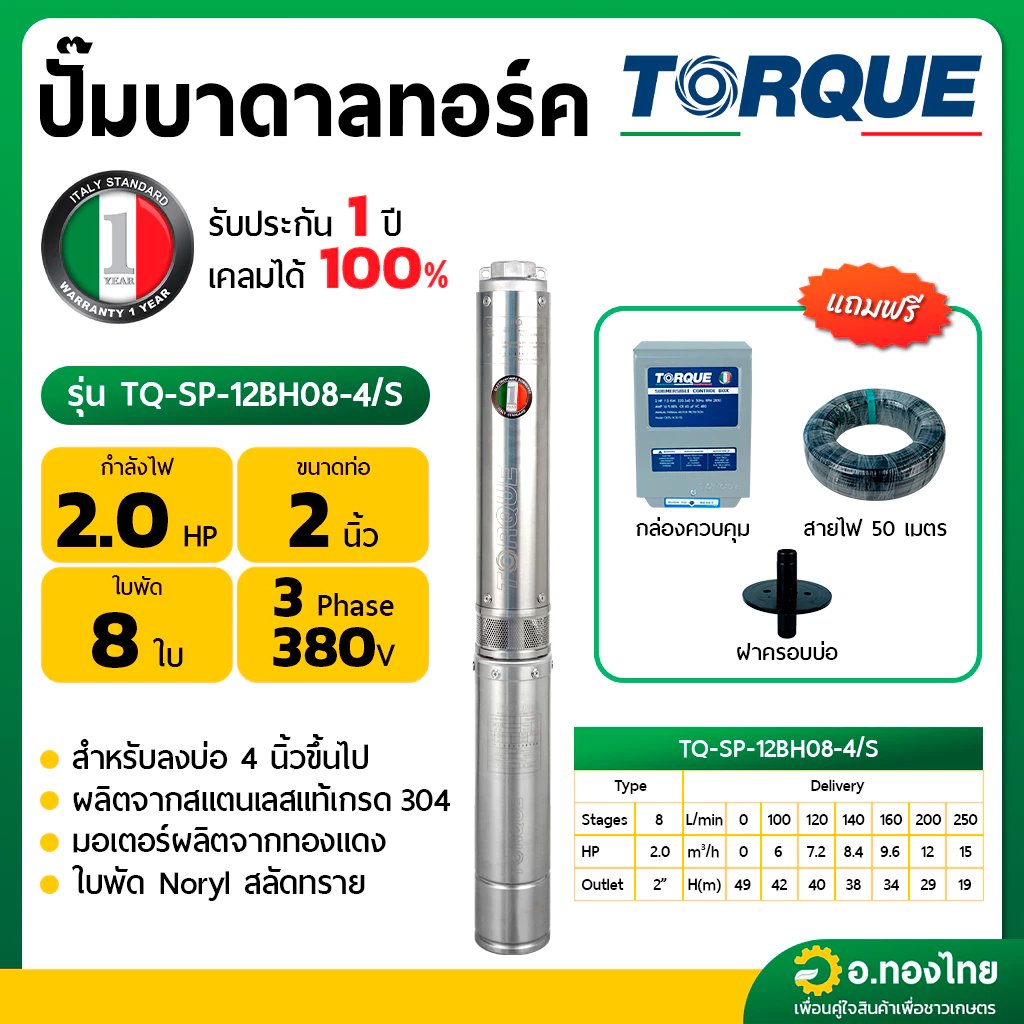 ปั๊มบาดาล ซับเมอร์ส TORQUE ทอร์ค AC 2 นิ้ว 2 แรง 8 ใบพัด 380V บ่อ 4 ...