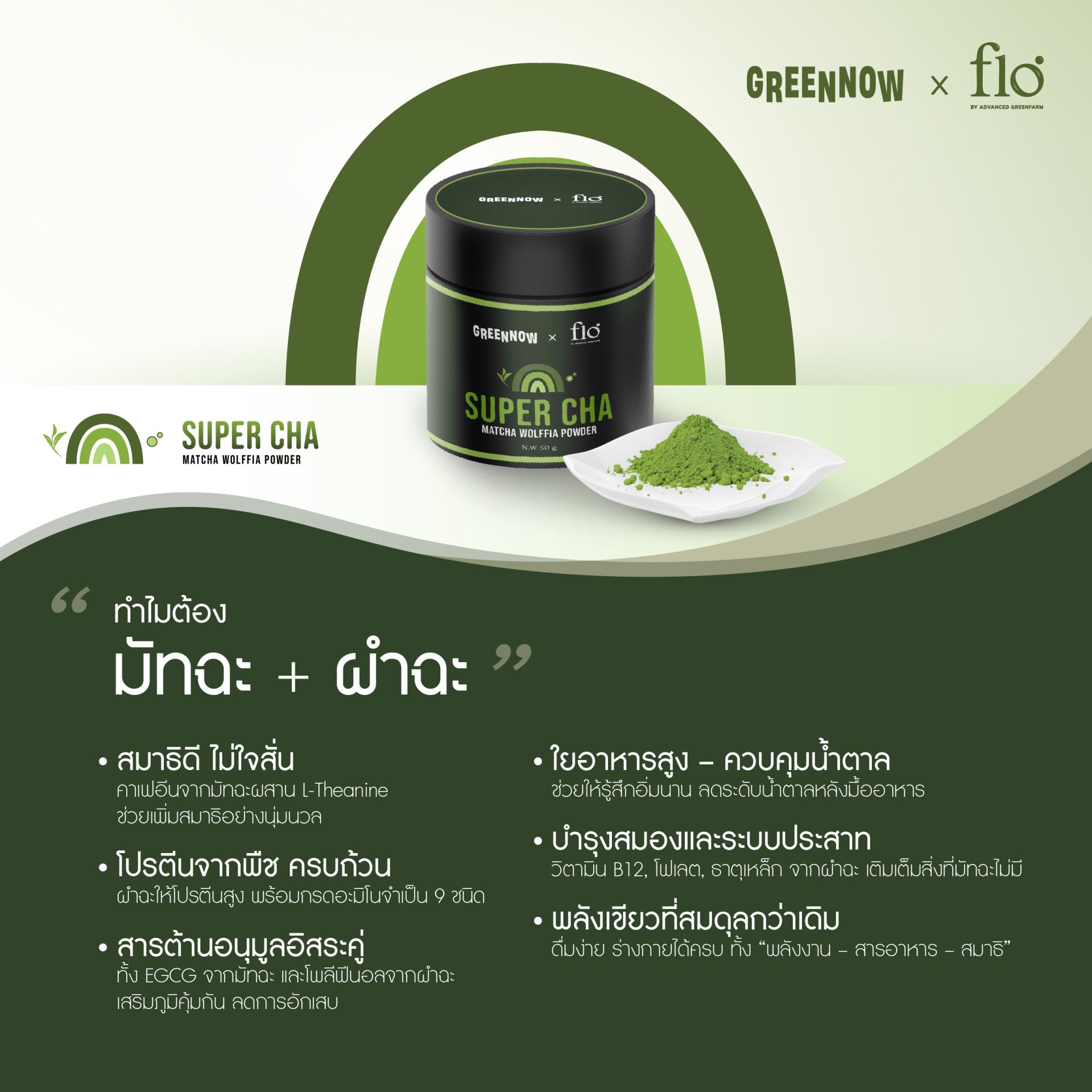 Greennow Super Cha Matcha Wolffia Powder ขนาด 50 กรัม มัทฉะ + ผำฉะ ...
