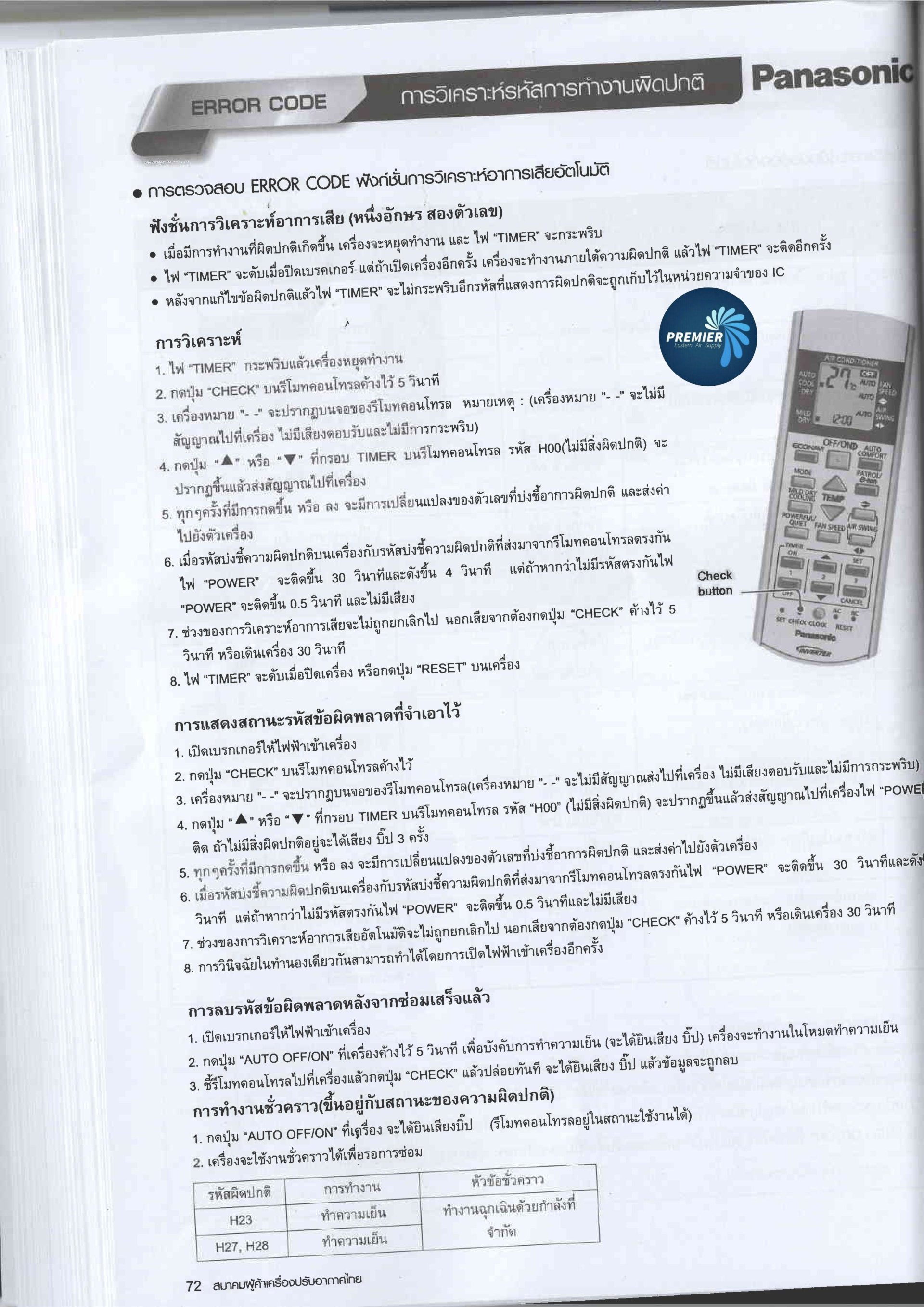 PANASONIC ERROR CODE