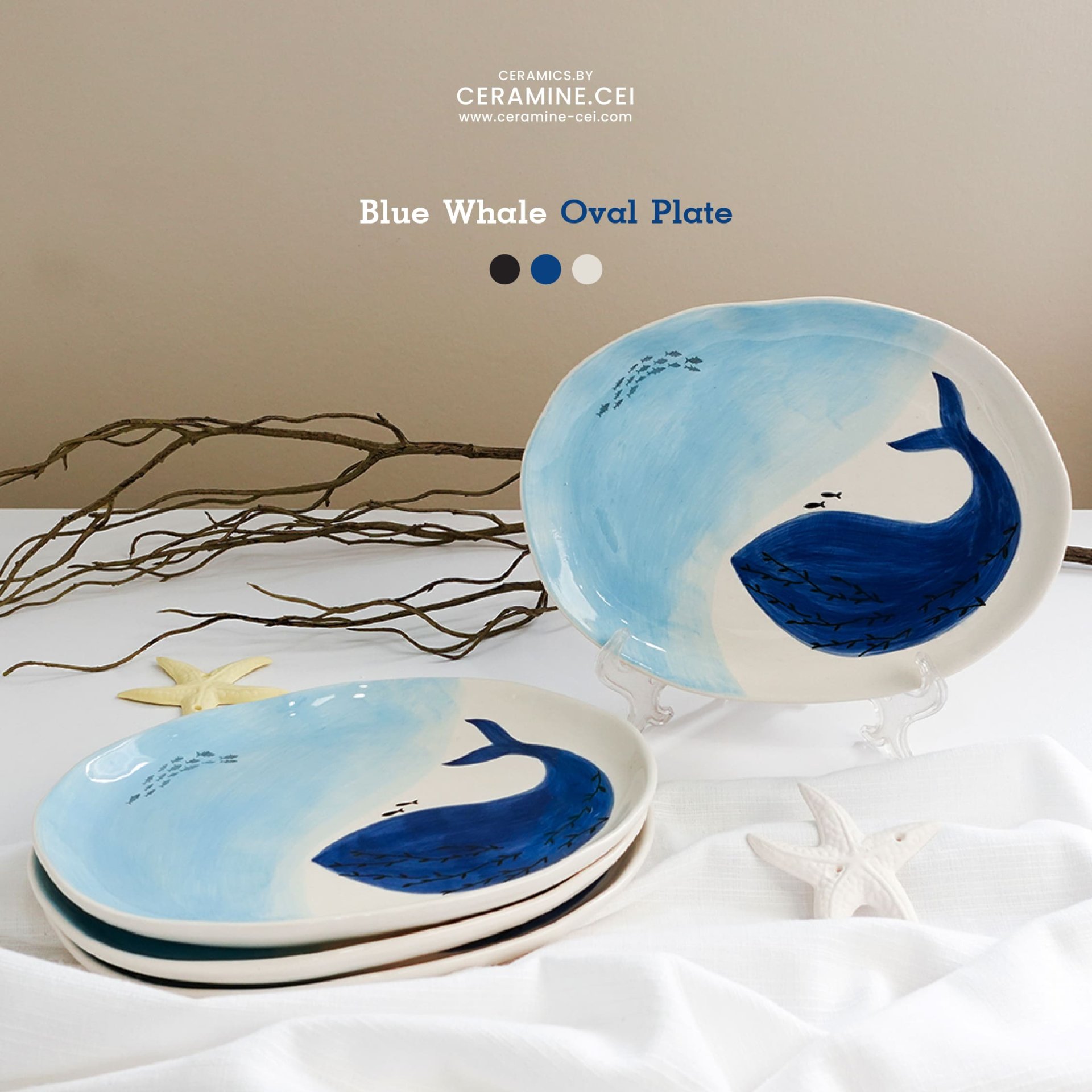Blue Whale Oval Plate - ceramine-cei