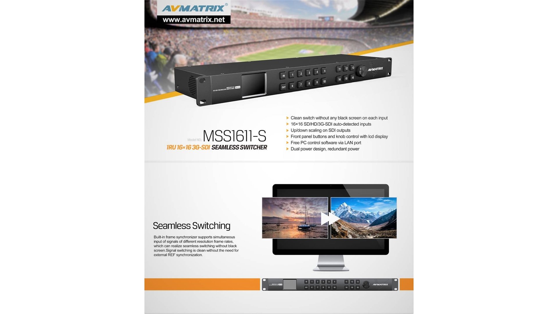 MSS1611-S 1RU 3G-SDI Seamless 16×16 Matrix Switcher - optionpartstore