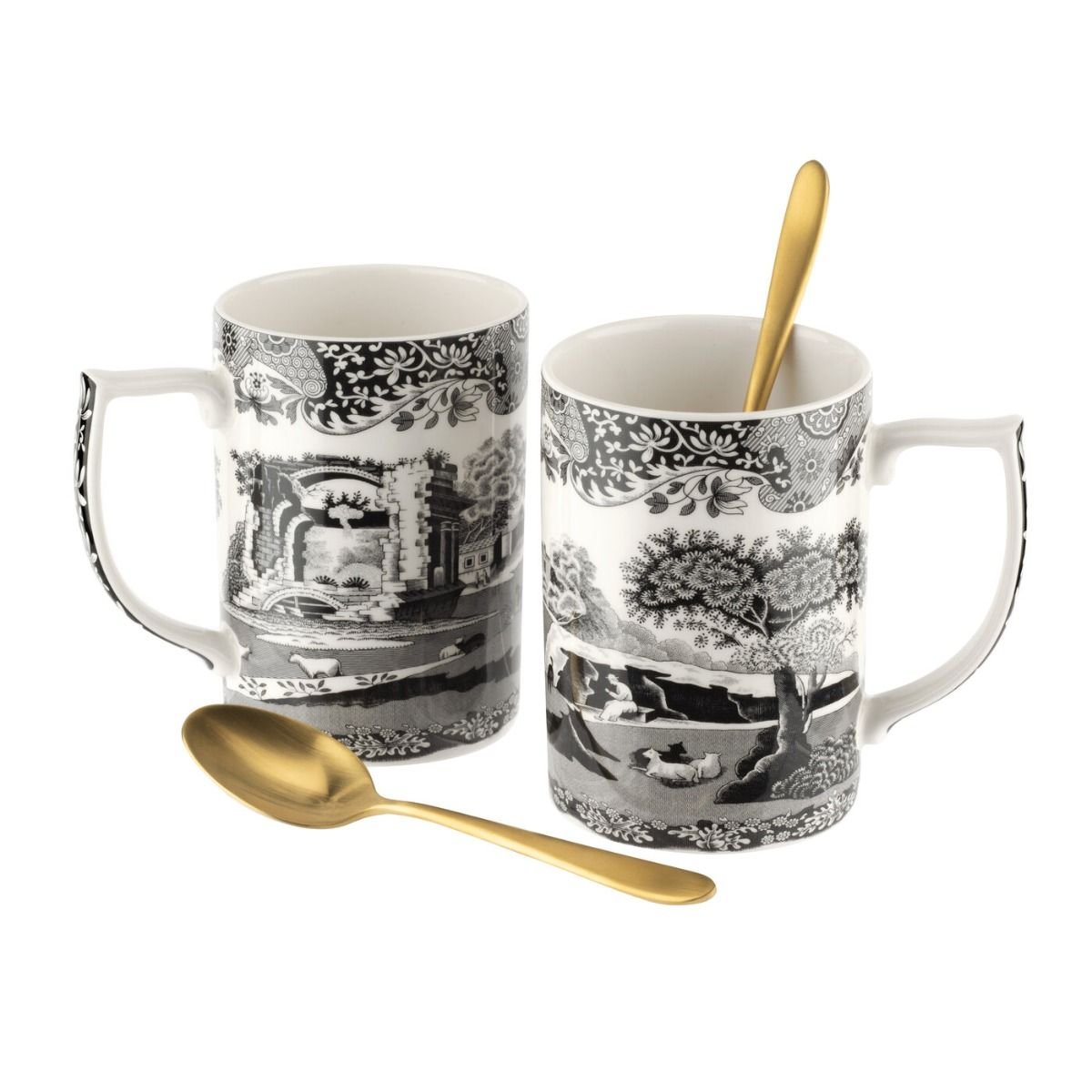 Spode Black Italian Mugs with Spoons Set of 2 - blueandwhitethailand