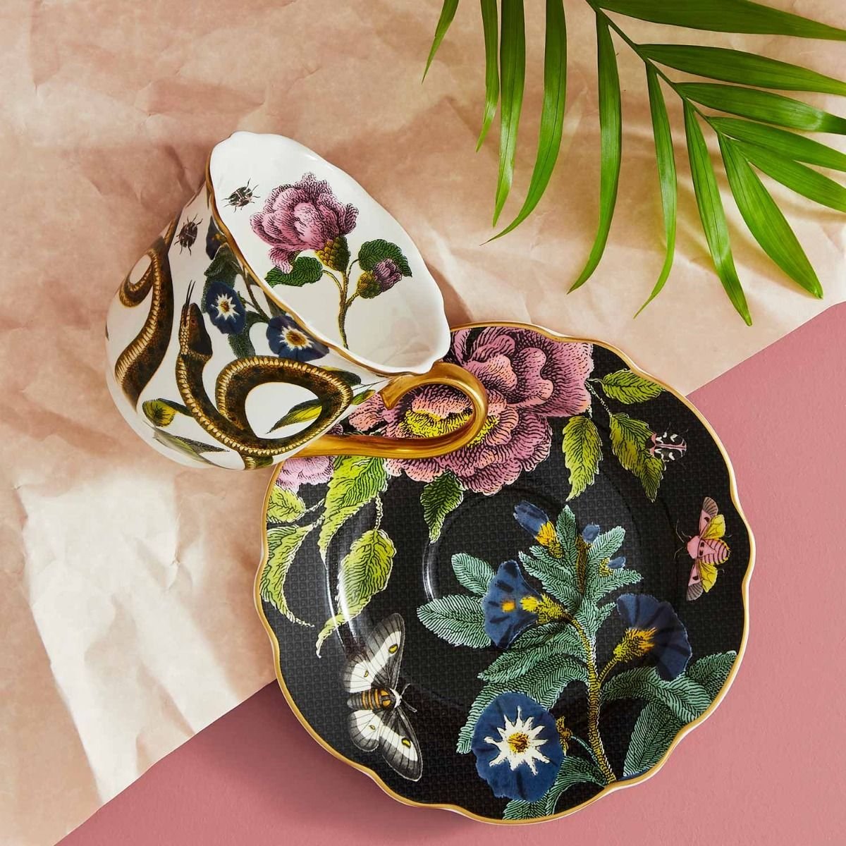 Creatures of Curiosity Dark Floral Teacup and Saucer - blueandwhitethailand