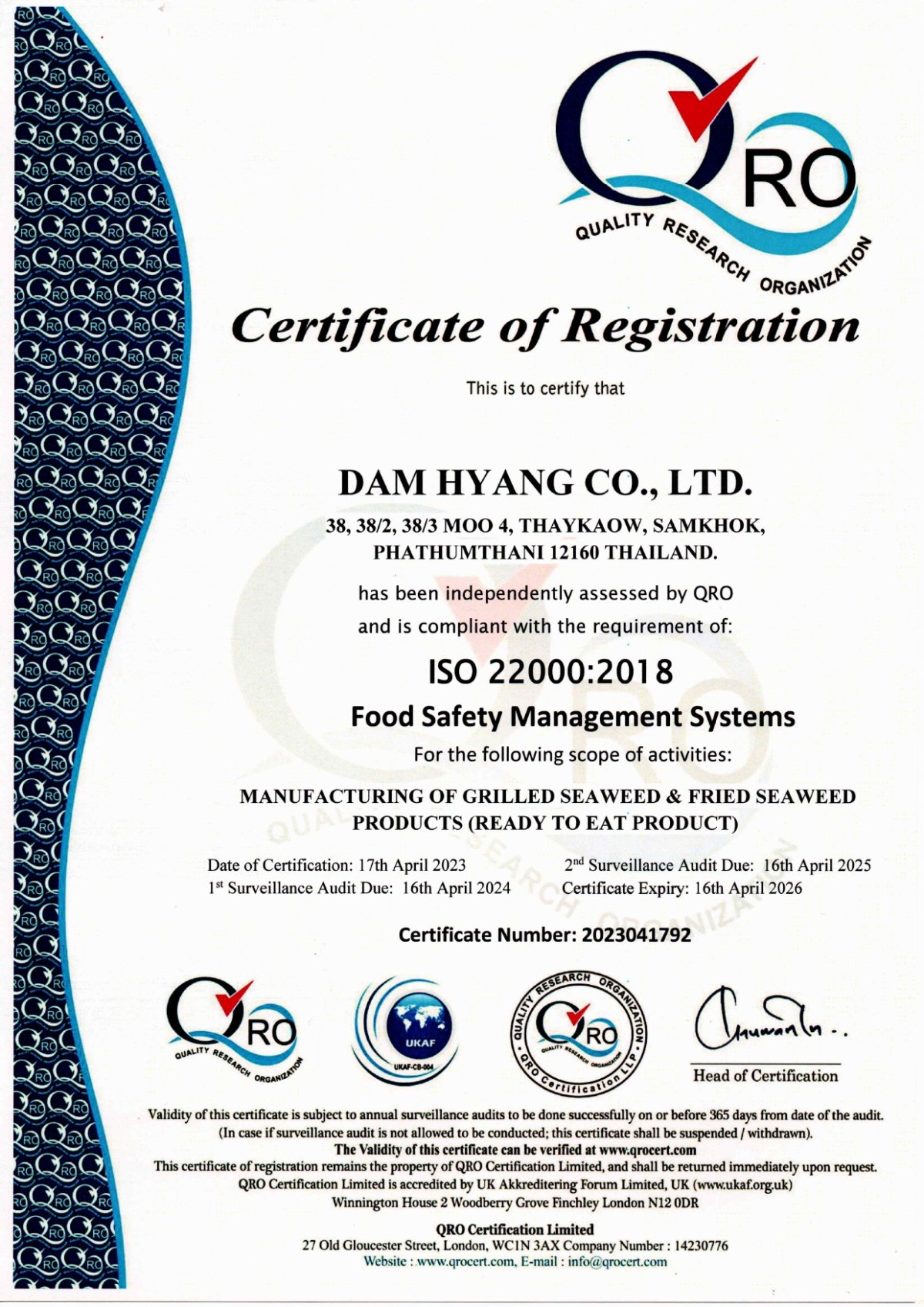 ISO 22000 2018(QRO) CERTIFICATE - damhyang