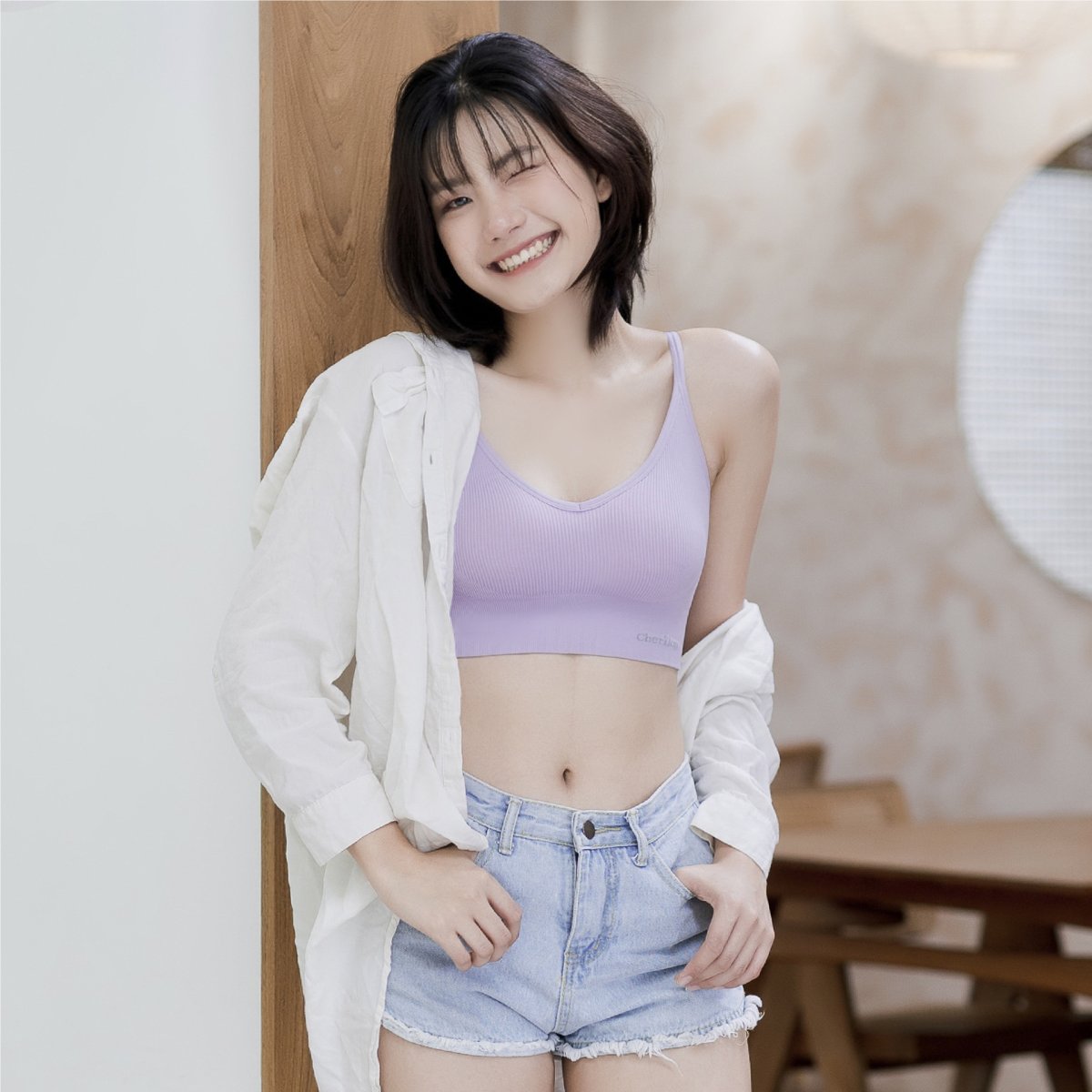 Candy Bra บราไร้ตะเข็บทอแบบ Ribbed ดีไซน์สปอร์ต สีม่วงอ่อน - cherilon