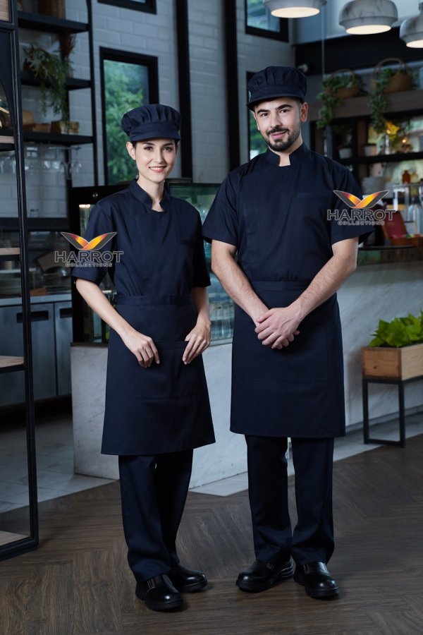 Dark Blue Short Sleeve Chef Jacket - harrot