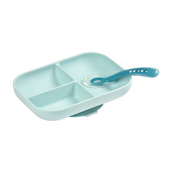 Silicone Suction Divided Plate with Spoon- Blue - beabathailand
