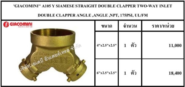 GIACOMINI"A105 Y Siamese Straight Double Clapper Two-Way Inlet ...