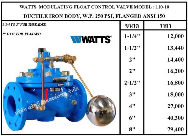 WATTS MODULATING FLOAT CONTROL VALVE MODEL : 110-10 มีสินค้า ...