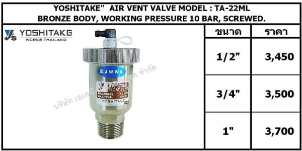 YOSHITAKE AIR VENT VALVE MODEL : TA-22ML *มีสินค้า - akbintertrade